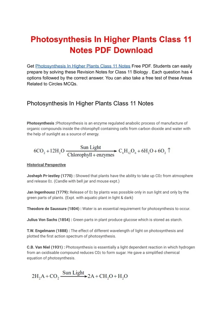 PPT - Photosynthesis In Higher Plants Class 11 Notes PDF Download ...