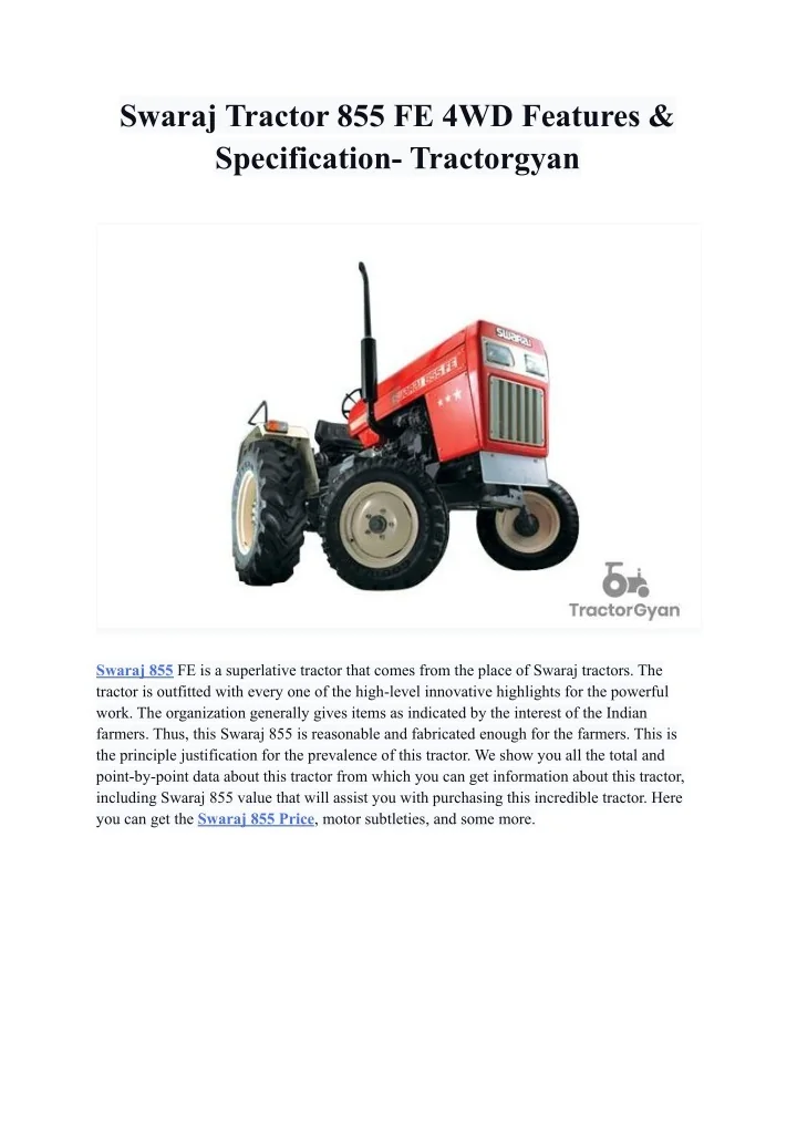 PPT - Swaraj Tractor 855 FE 4WD Features & Specification- Tractorgyan ...