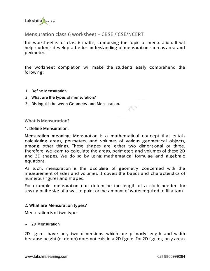 PPT - Mensuration class 6 worksheet PowerPoint Presentation, free ...