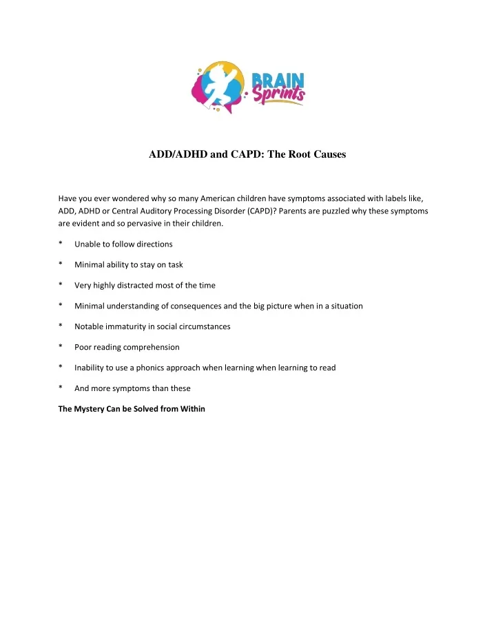 PPT - ADD/ADHD and CAPD: The Root Causes PowerPoint Presentation, free ...