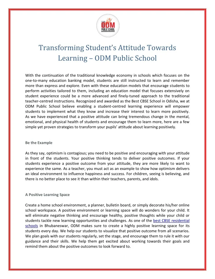 PPT - Transforming Student’s Attitude Towards Learning – ODM Public ...