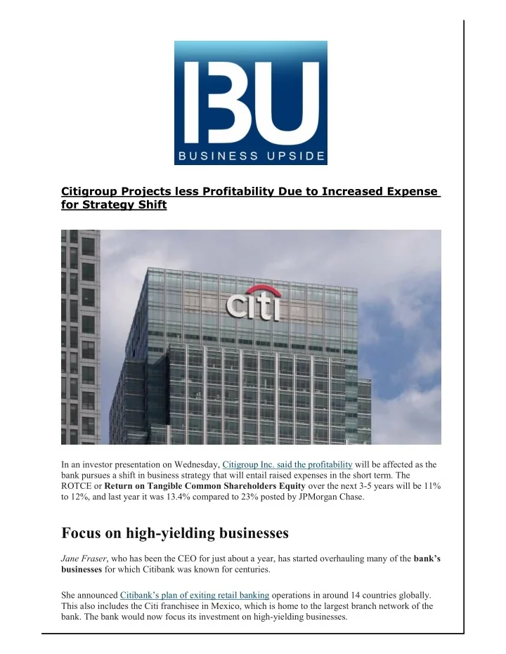 PPT - Citigroup Projects less Profitability Due to Increased Expense for Strategy Shift ...