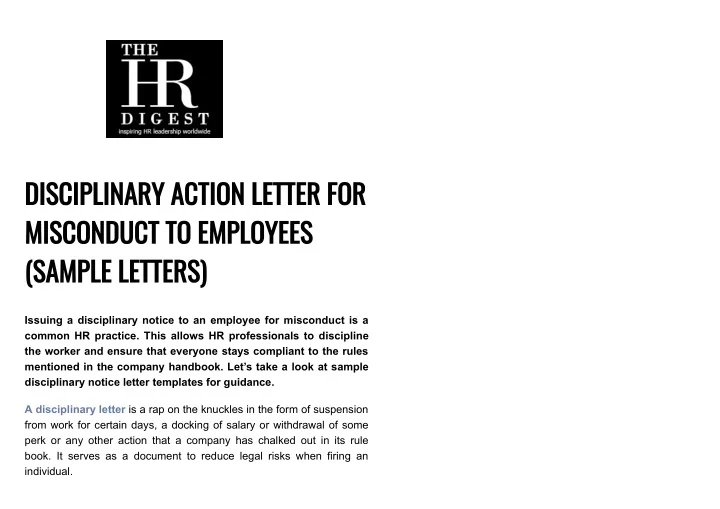 PPT - Disciplinary Action Letter Sample Letter - The HR Digest ...