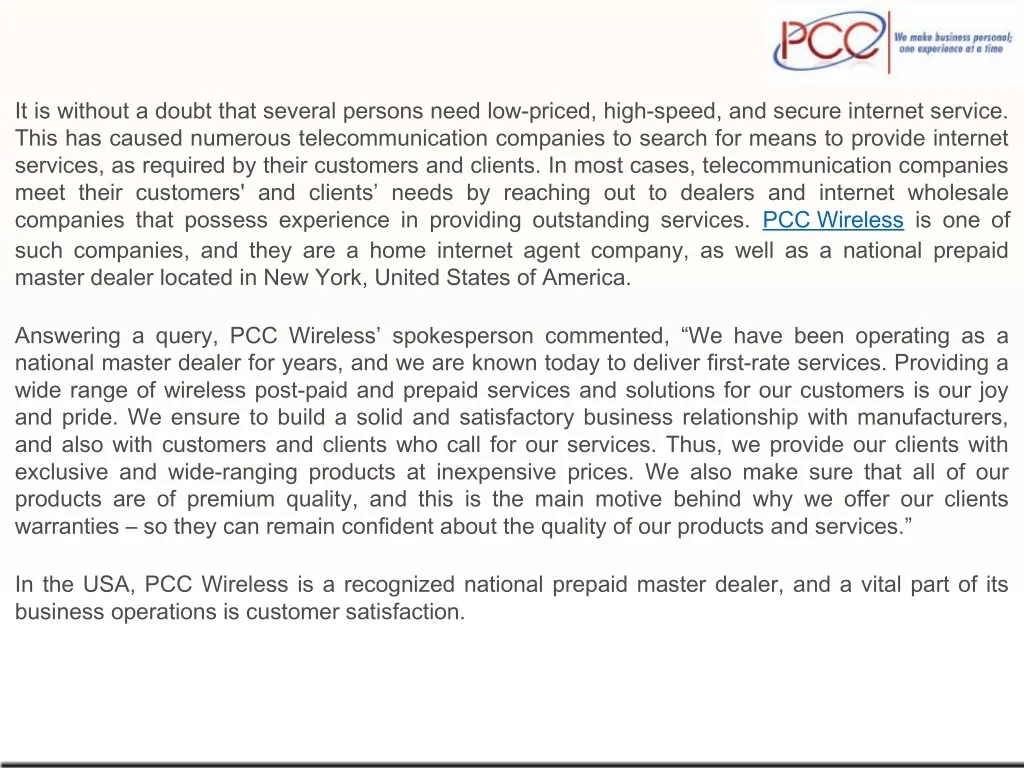 PPT - PCC Wireless, An Authorized Home Internet Agent Company Provides ...