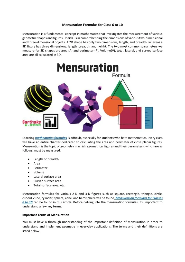 PPT - Mensuration Formulas for Class 6 to 10 PowerPoint Presentation ...