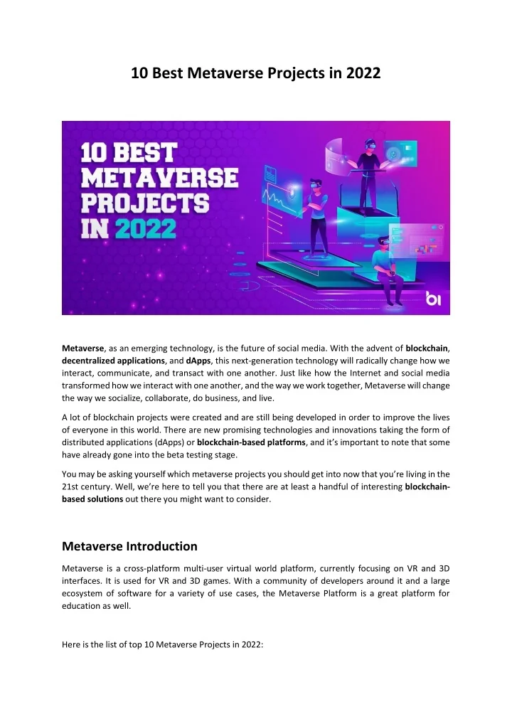 PPT - 10 Best Metaverse Projects in 2022 PowerPoint Presentation, free ...