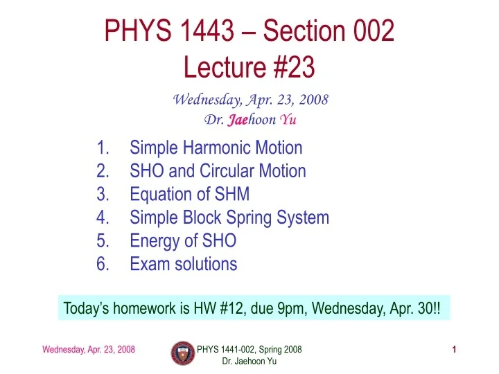 PPT - Simple Harmonic Motion SHO and Circular Motion Equation of SHM ...