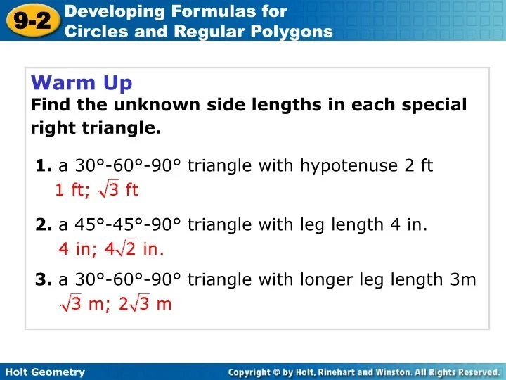 PPT - Warm Up Find the unknown side lengths in each special right ...