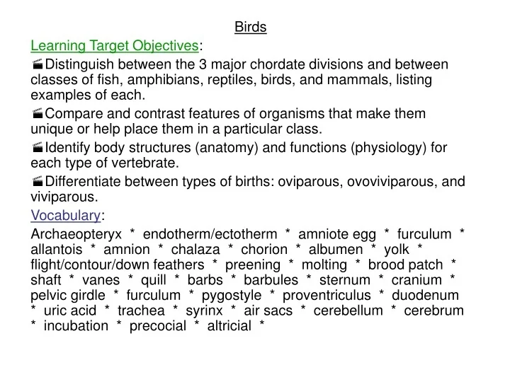 PPT - Birds Learning Target Objectives : PowerPoint Presentation, free ...