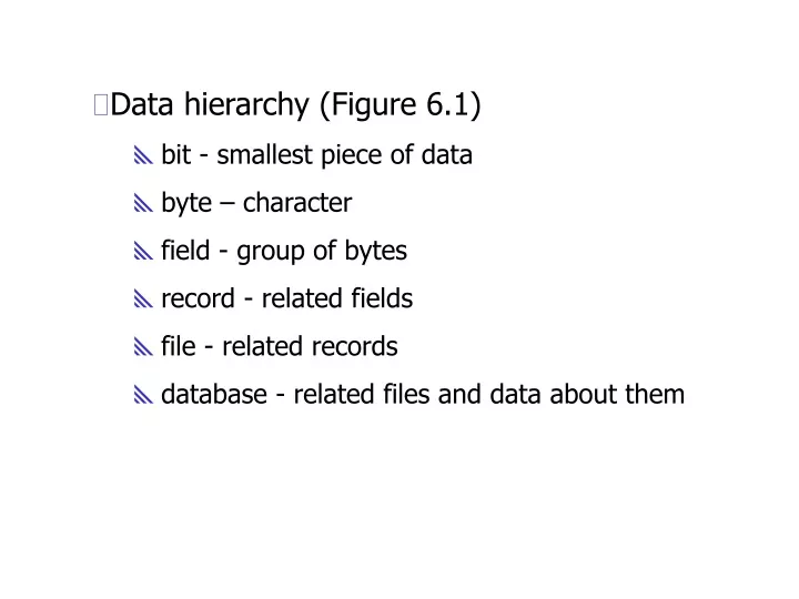 PPT - Data hierarchy (Figure 6.1) bit - smallest piece of data byte ... PPT - Data hierarchy (Figure 6.1) bit - smallest piece of data byte ...