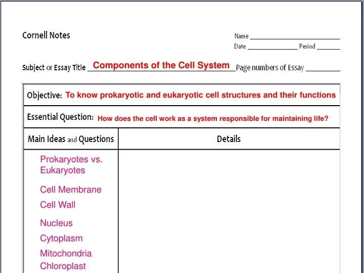 PPT - To know prokaryotic and eukaryotic cell structures and their ...