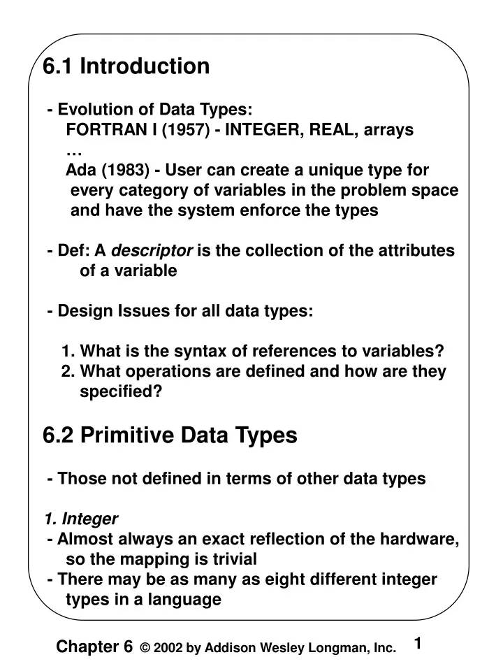 Ppt 61 Introduction Evolution Of Data Types Fortran I 1957 Integer Real Arrays 0227