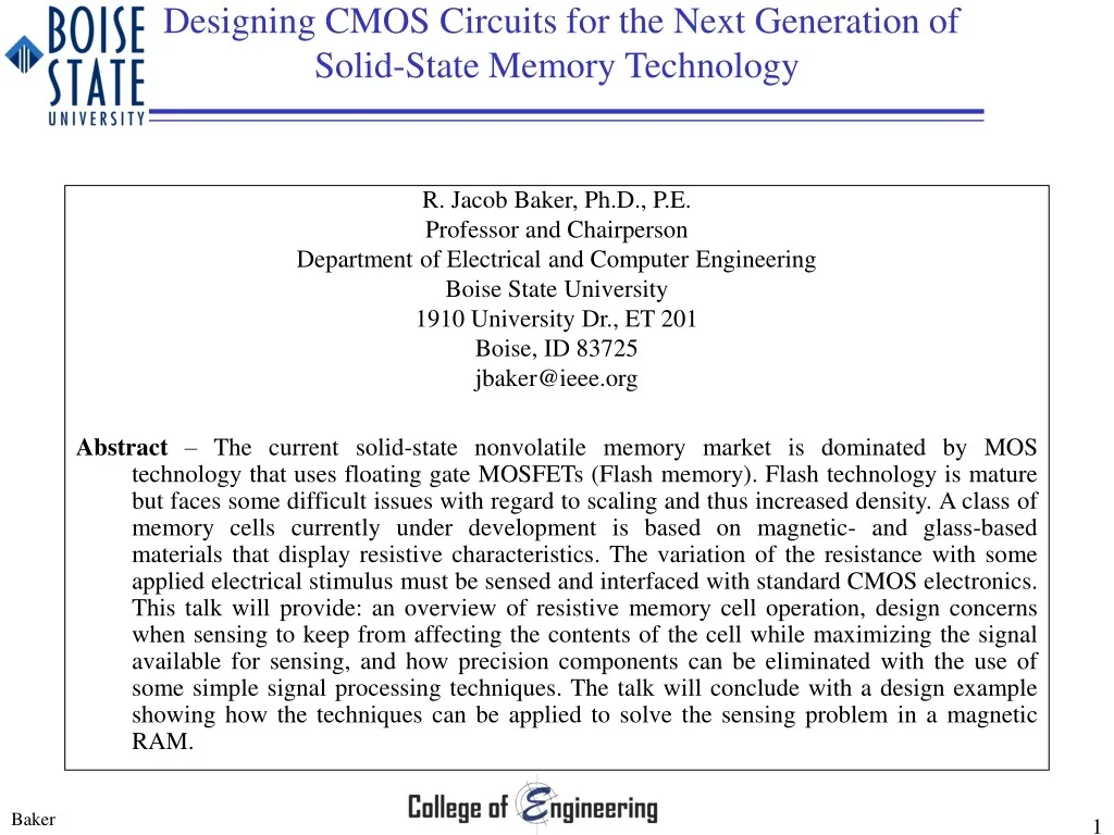 PPT - Designing CMOS Circuits for the Next Generation of Solid-State Memory Technology ...