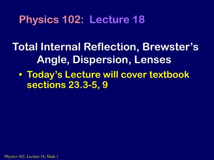 PPT - Total Internal Reflection, Brewster’s Angle, Dispersion, Lenses ...