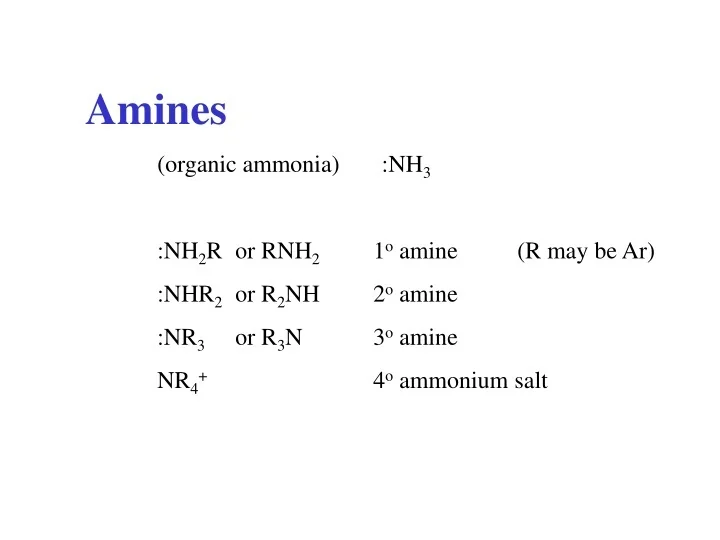 PPT - Amines (organic ammonia) :NH 3 :NH 2 R or RNH 2 1 o amine (R may ...