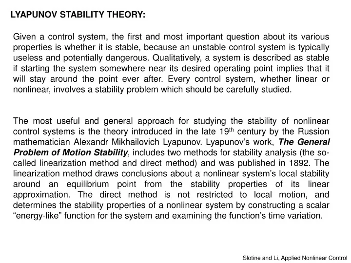 PPT - Slotine and Li, Applied Nonlinear Control PowerPoint Presentation ...
