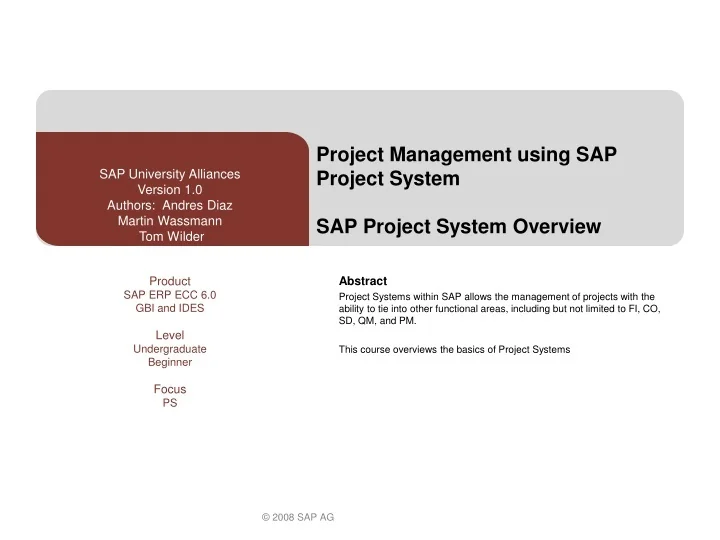 PPT - Project Management using SAP Project System SAP Project System ...
