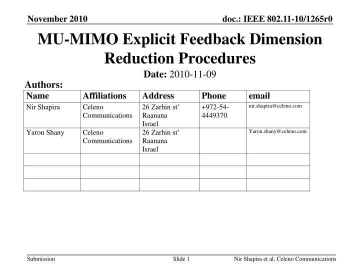 PPT - MU-MIMO Explicit Feedback Dimension Reduction Procedures ...