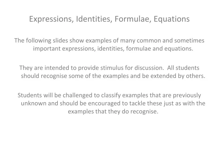 PPT - Expressions, Identities, Formulae, Equations PowerPoint ...