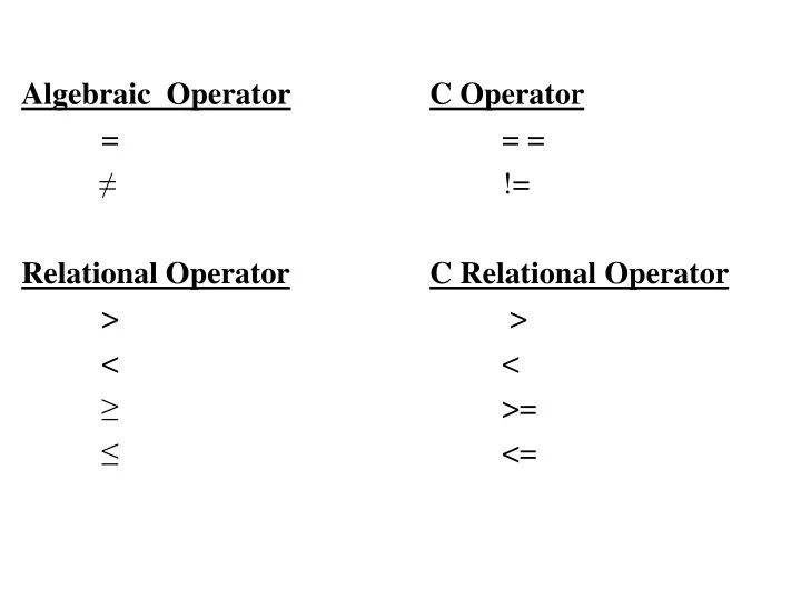 PPT - Algebraic Operator C Operator = = = ≠ != PowerPoint Presentation ...