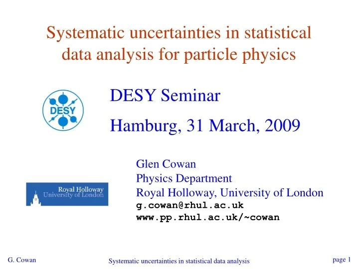 PPT - Systematic uncertainties in statistical data analysis for particle physics PowerPoint ...