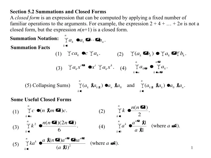 PPT - Section 5.2 Summations and Closed Forms PowerPoint Presentation ...