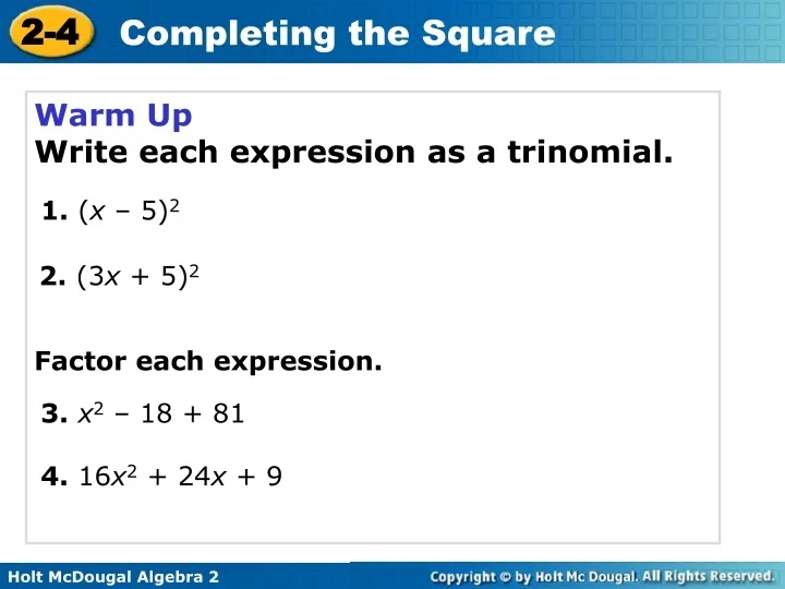 PPT - Warm Up Write each expression as a trinomial. PowerPoint ...